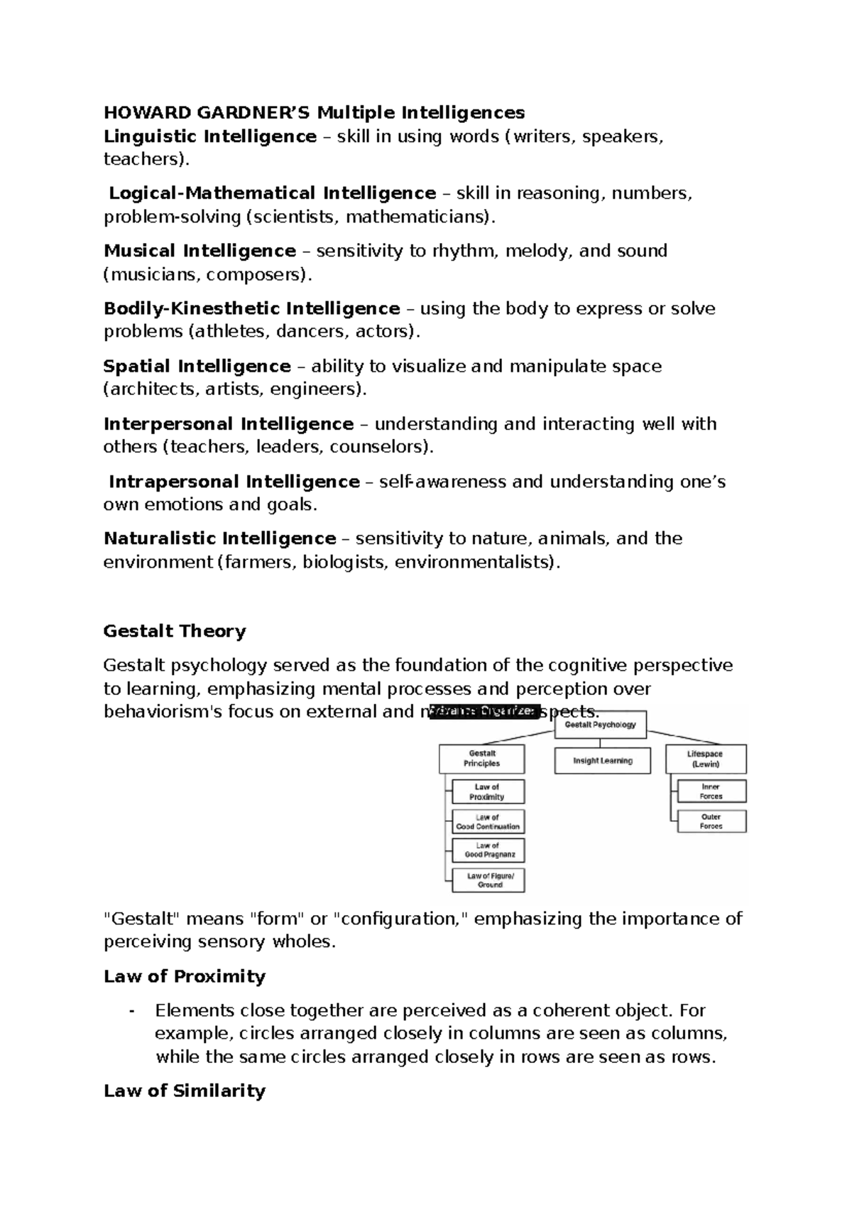 Prof Ed 5 Midterm Reviewer: Multiple Intelligences & Learning Theories - Studocu