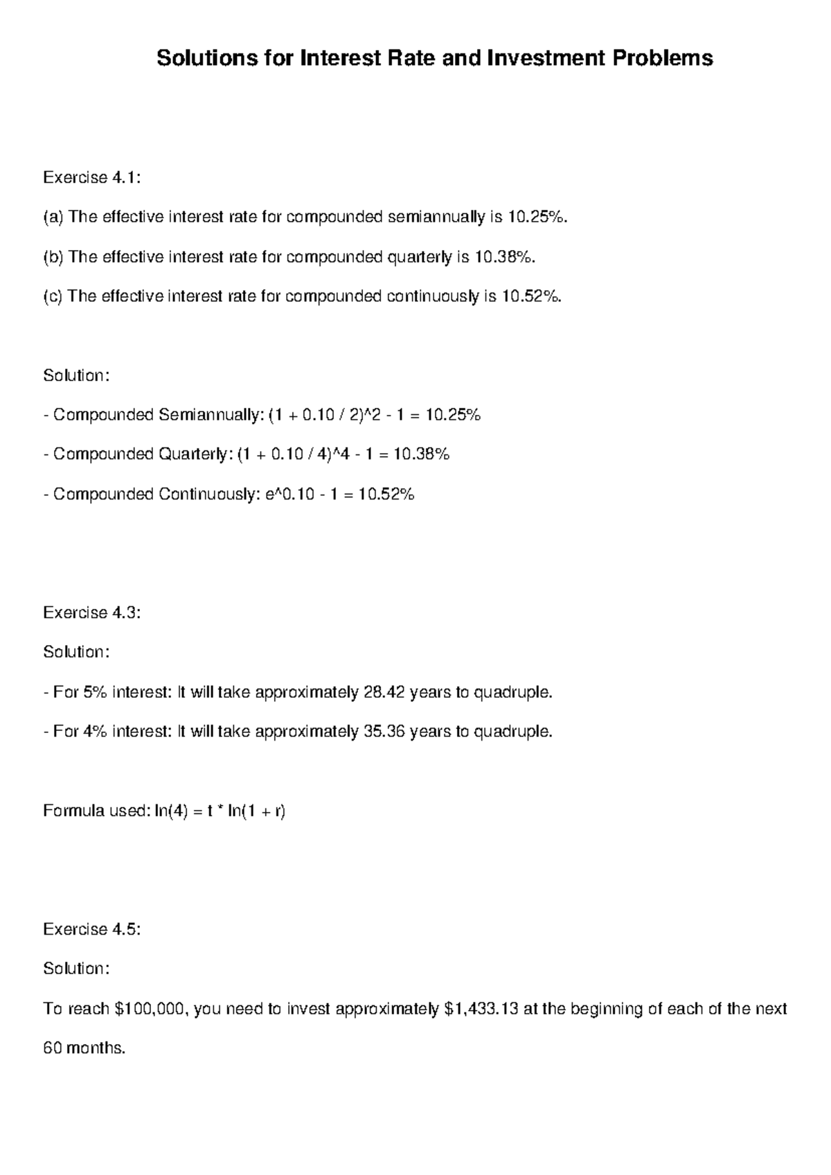 Investment Solutions for Interest Rate Problems (Exercise 4.1 - 4.24 ...