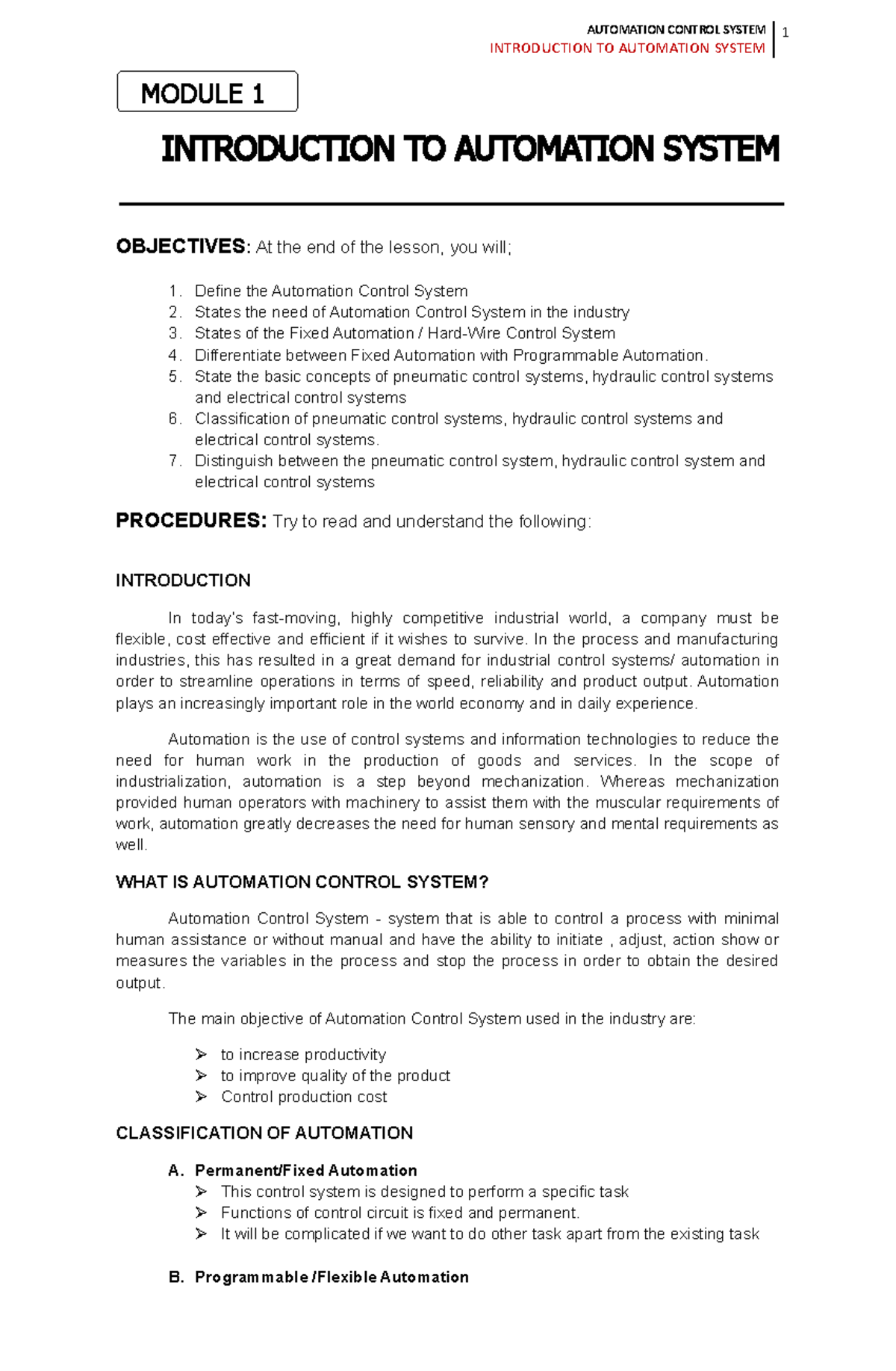 Module 1 - Introduction - INTRODUCTION TO AUTOMATION SYSTEM 1 MODULE 1 ...