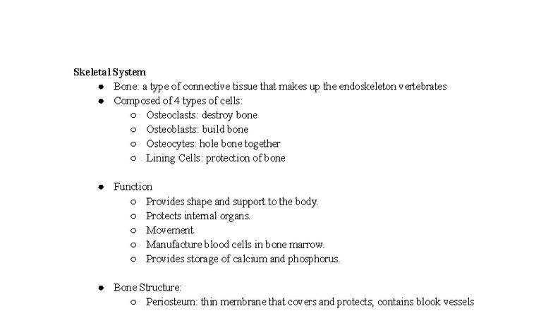 Skeletal System Overview: Functions, Structure, and Joint Types - Studocu