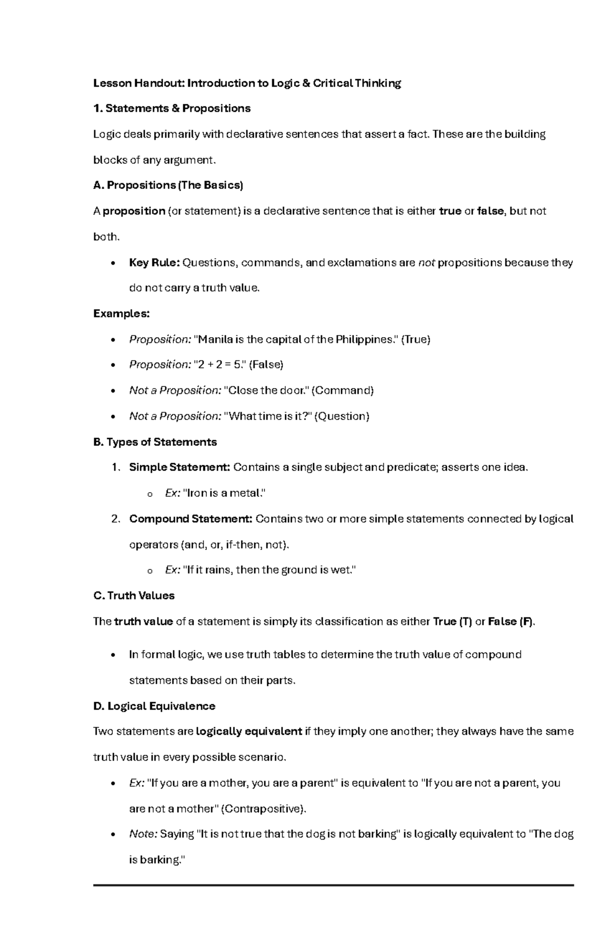 Logic Lesson Handout: Propositions and Arguments (Critical Thinking 1 ...