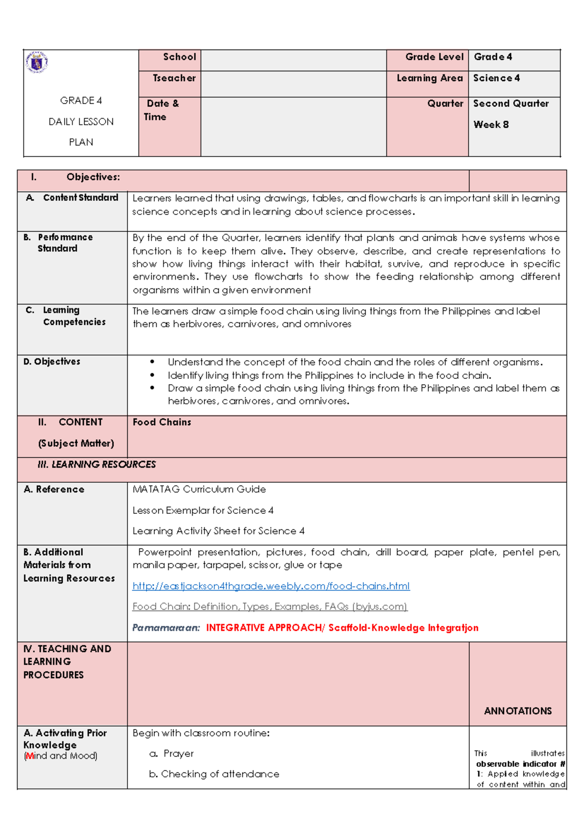 COT DLP Science 4 Lesson Plan - Food Chains (Q2 W8) - Studocu
