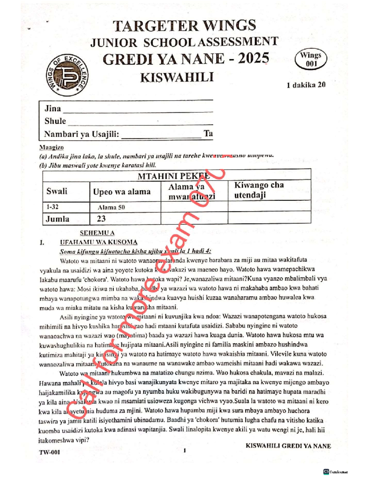 TARGETER WINGS JUNIOR SCHOOL KISWAHILI GREDI YA NANE 2025 CS - Studocu