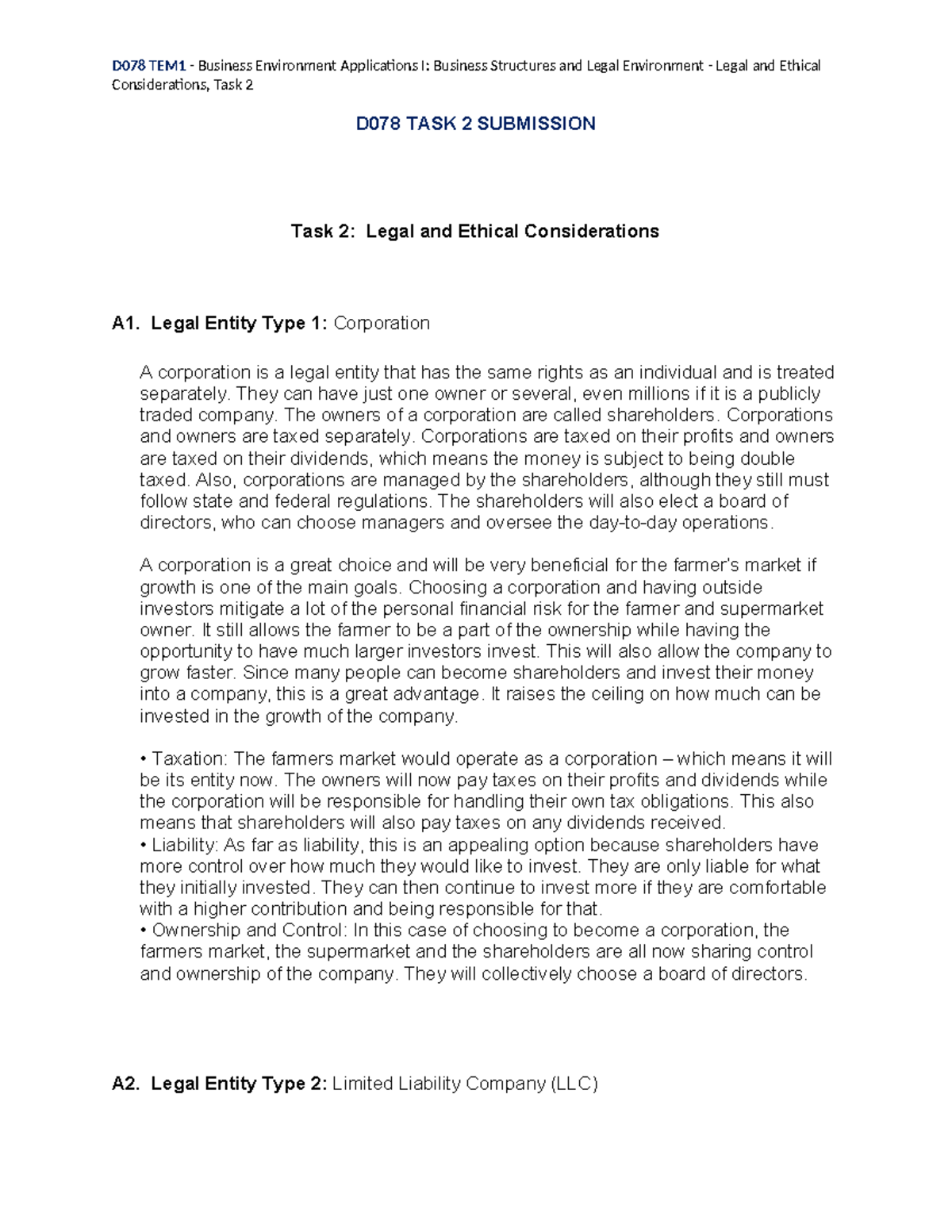 D078 Task 2 - Legal & Ethical Considerations in Business Structures ...