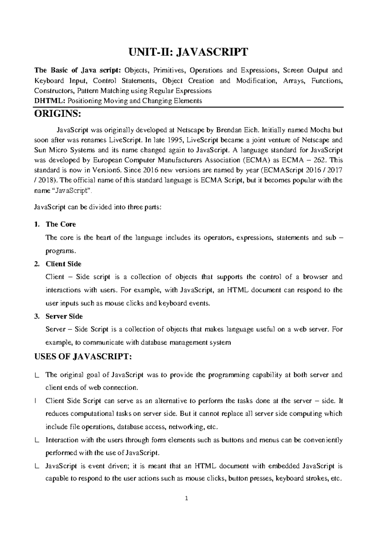 MST 2 Unit II - Comprehensive Guide to JavaScript Programming - Studocu