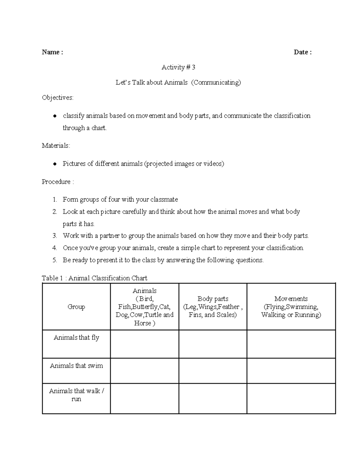Activity Sheet: Animal & Transportation Classification Guide - Studocu