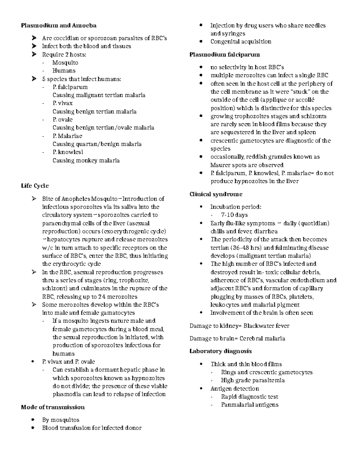 Plasmodium and Amoeba - Microbiology Study Notes (DMD) - Studocu