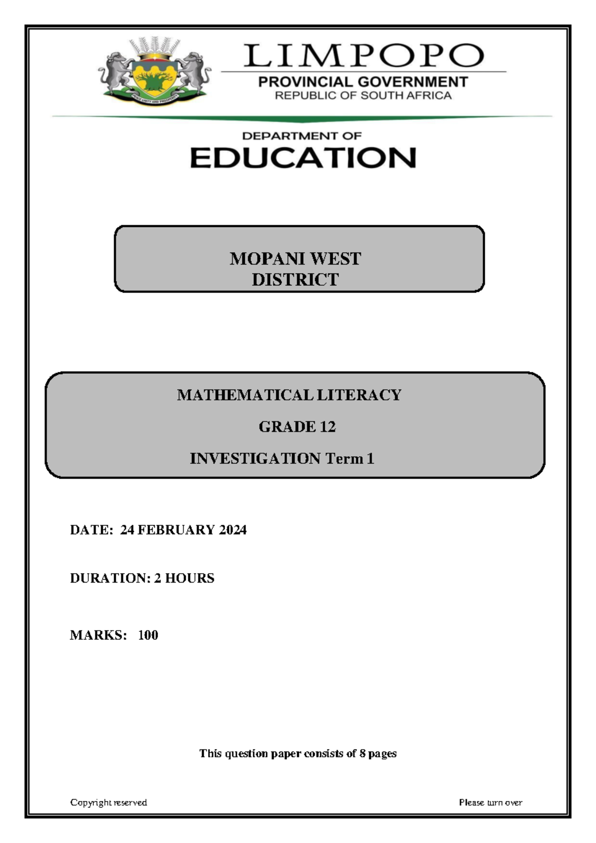 Mathematical Literacy GRADE 12 Term 1 Investigation - 2024 Exam Guide ...