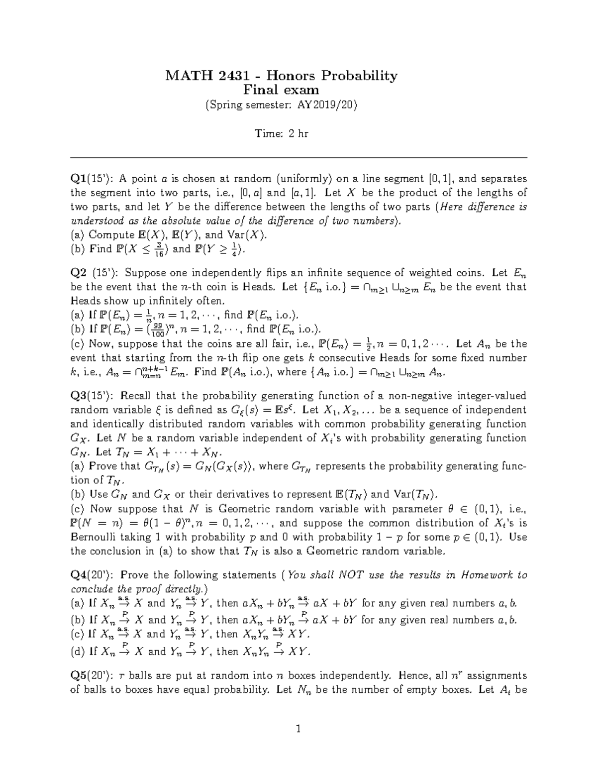 Final Exam Review - MATH 2431 - Honors Probability (Spring 2020) - Studocu