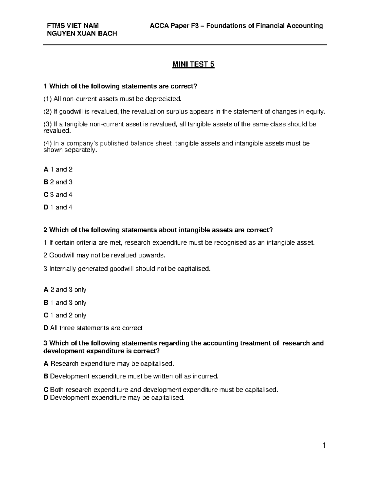 ACCA Paper F3 Foundations of Financial Accounting Mini Test 5 - Studocu