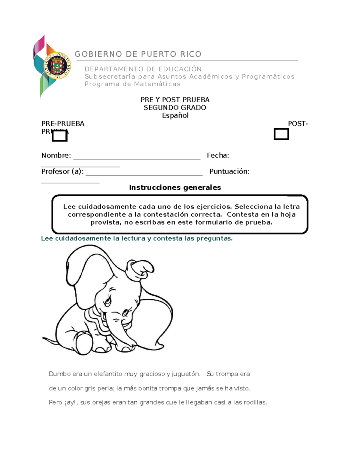 Prueba Diagnóstica de Español 2do Grado - GOBIERNO DE PR Puerto Rico ...