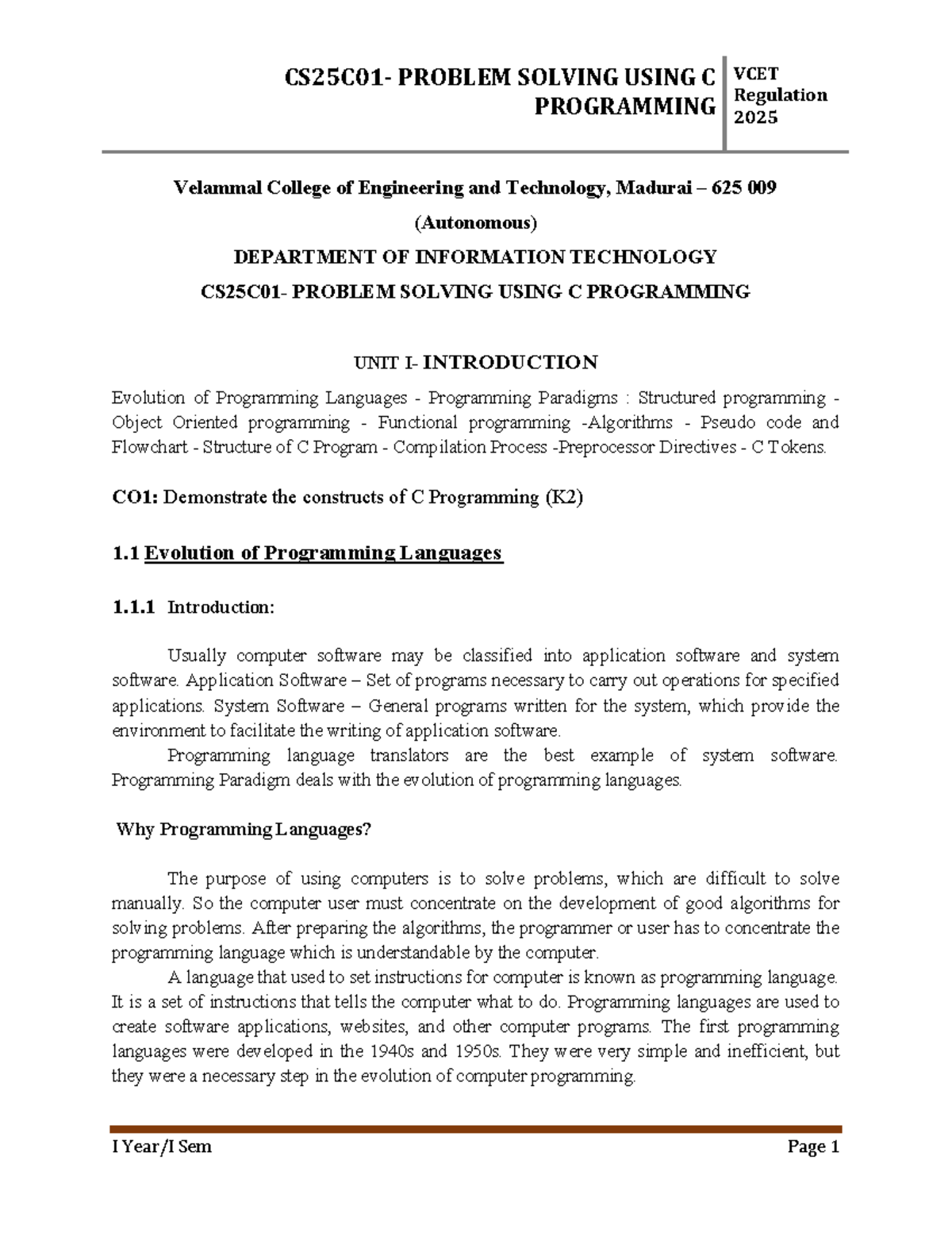 Cs25c01 Problem Solving Using C Programming Unit 1 2 Notes Studocu