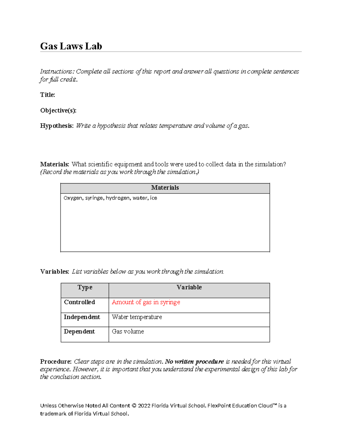 Gas Laws Lab Instructions (FLVS): Exploring Temperature-Volume ...