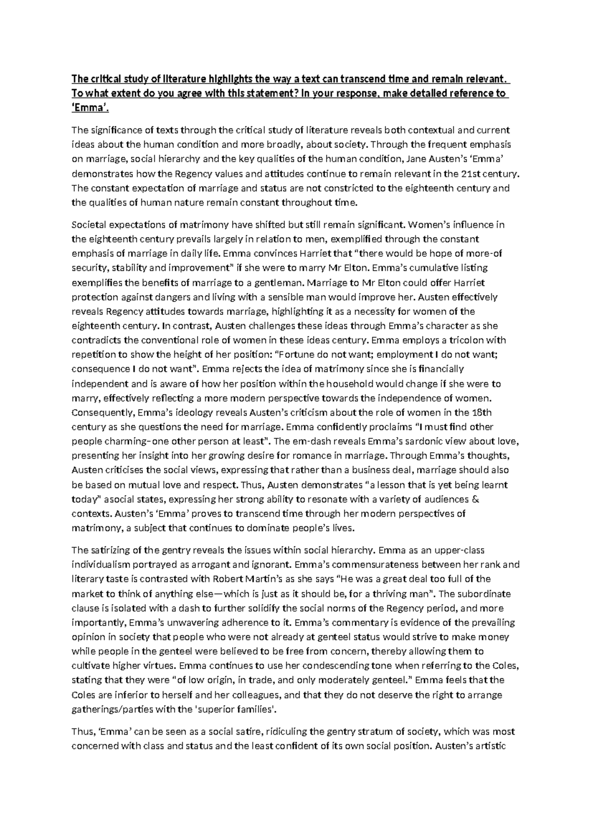 Module B - Emma Essay - The critical study of literature highlights the ...