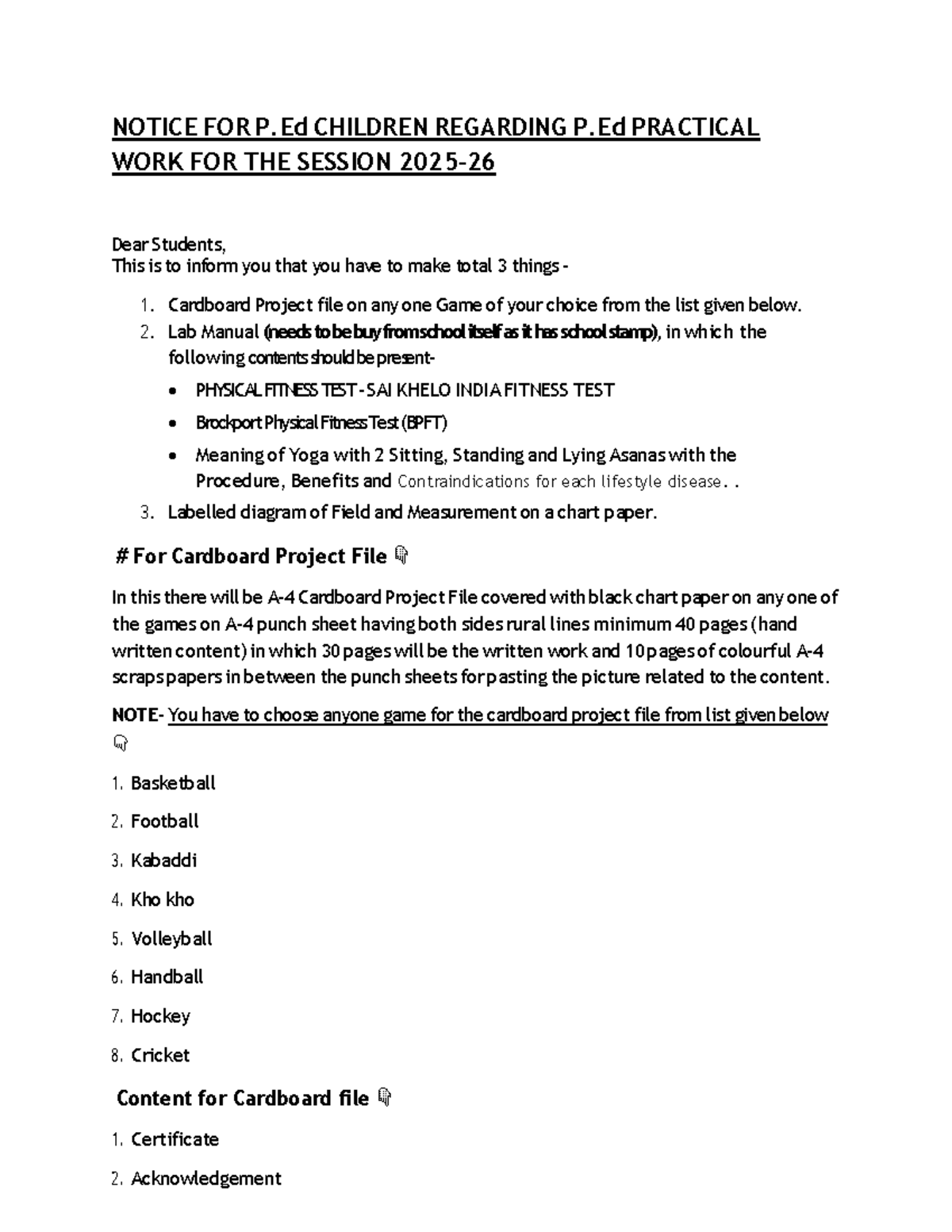 P.Ed Practical Work Notice for Session: Project & Lab Manual Details ...