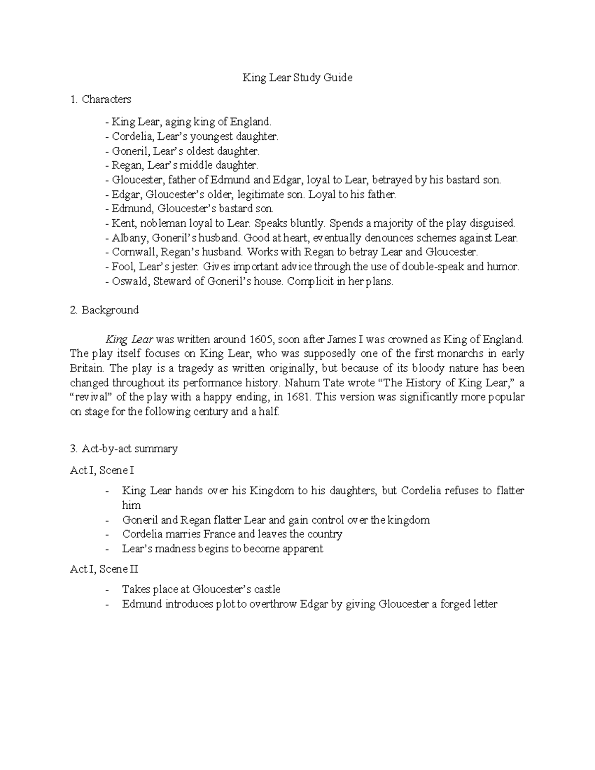 King Lear Study Guide: Characters, Themes, and Summary Analysis - Studocu