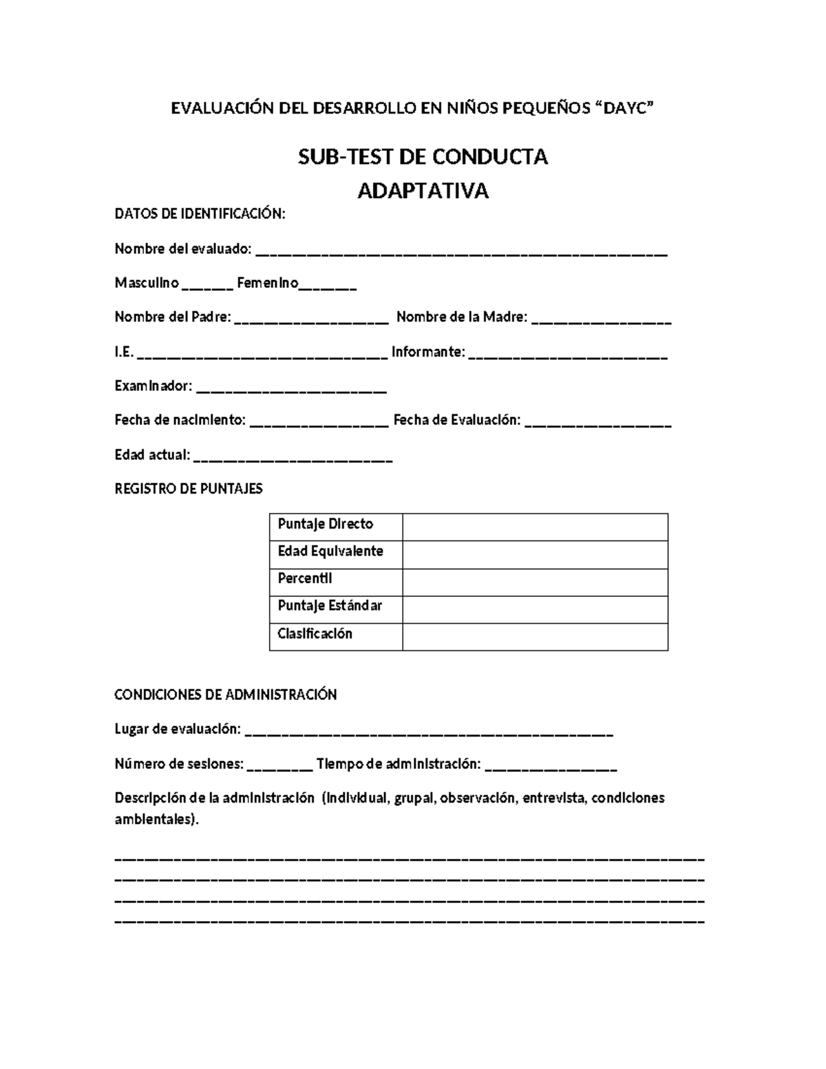 DAYC - Evaluación del Desarrollo Infantil: Formulario y Registro - Studocu