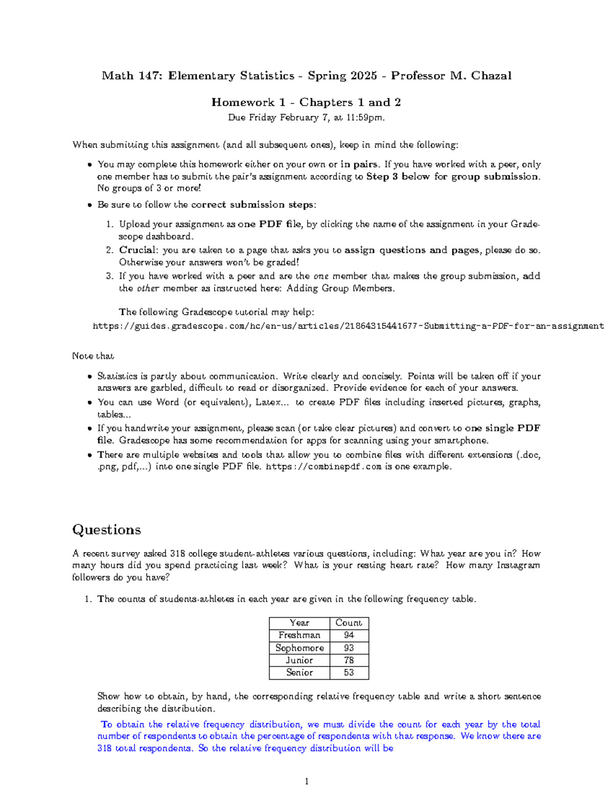 Math 147: Elementary Statistics Spring 2025 Homework 1 Solutions - Studocu