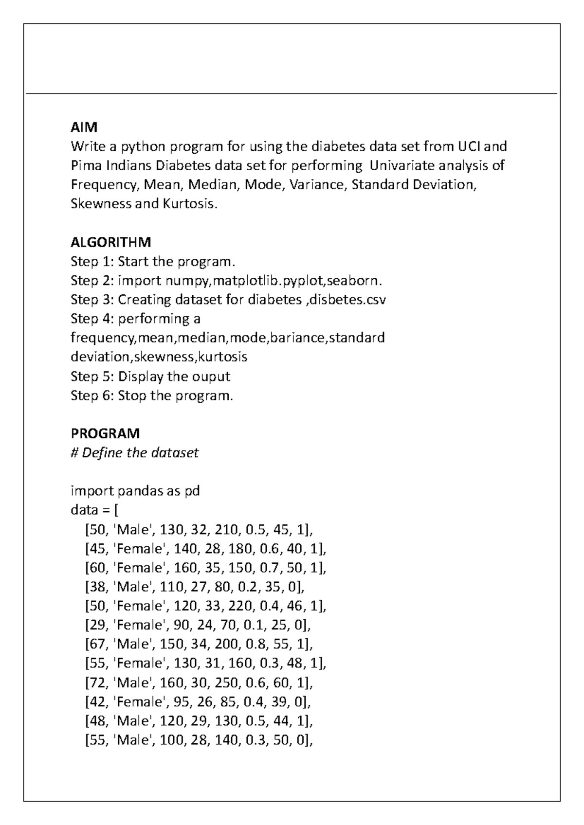 Univariate Analysis of Diabetes Data Set: Python Program (CMSAHC) - Studocu
