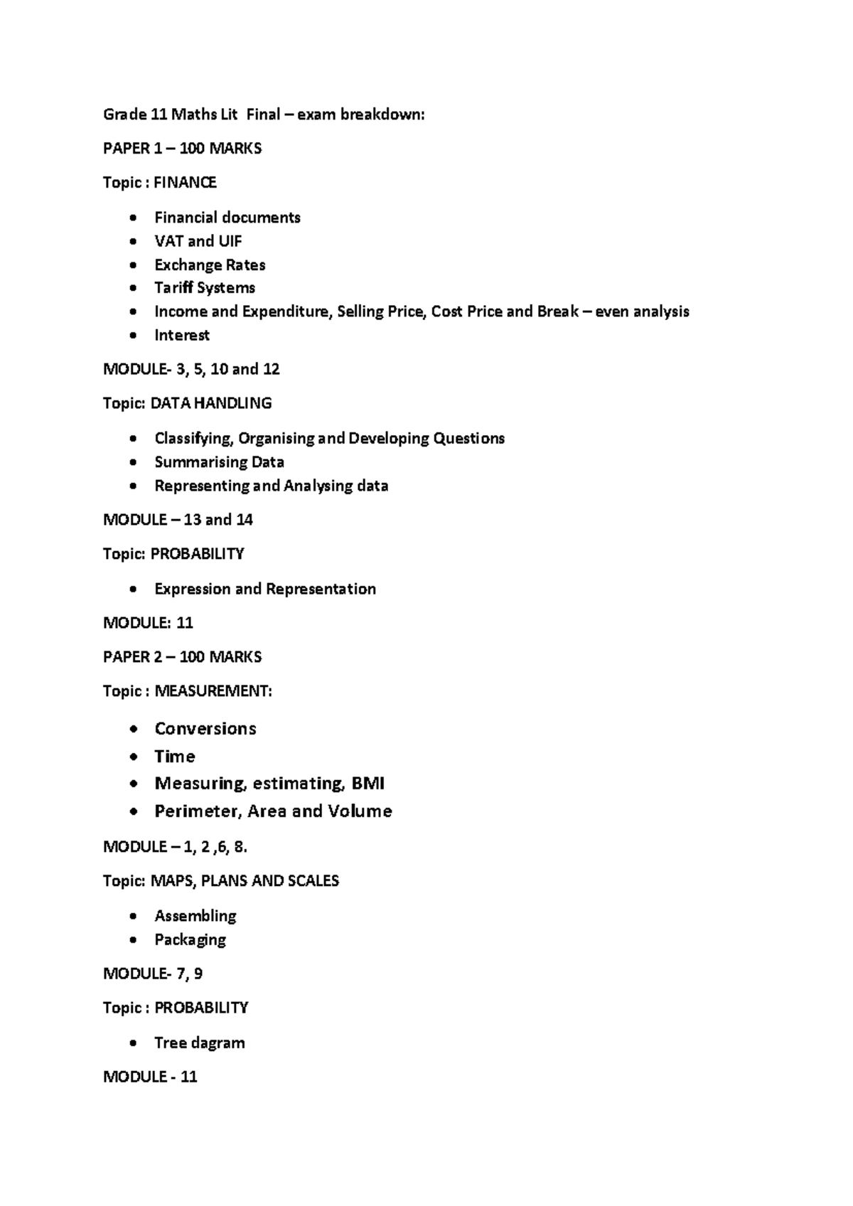 Grade 11 Maths Lit Nov 2024 Exam Breakdown & Topics Overview - Studocu