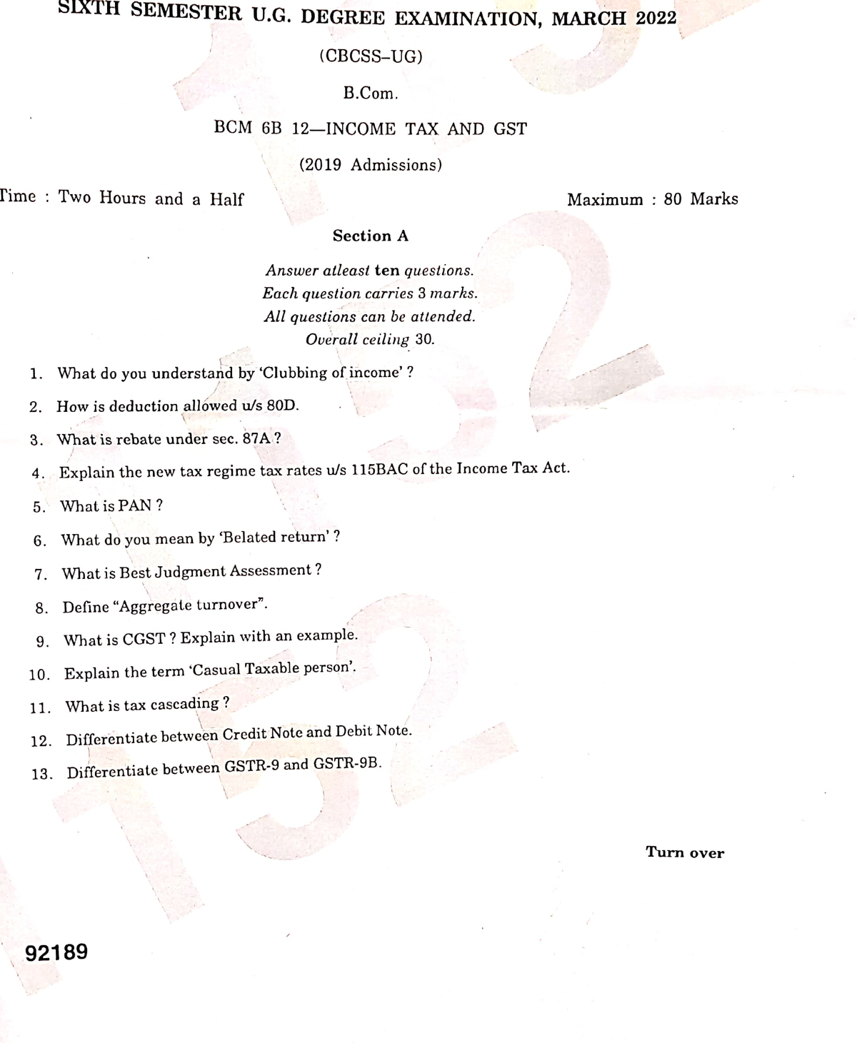 Sixth Semester Bcom, BBA Income Tax And Gst Previous Year Question Paper - Income Tax and GST ...