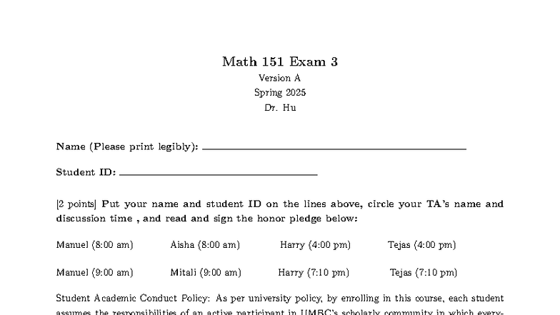 Math 151 Exam 3 Version A - Spring 2025 by Dr. Hu - Studocu