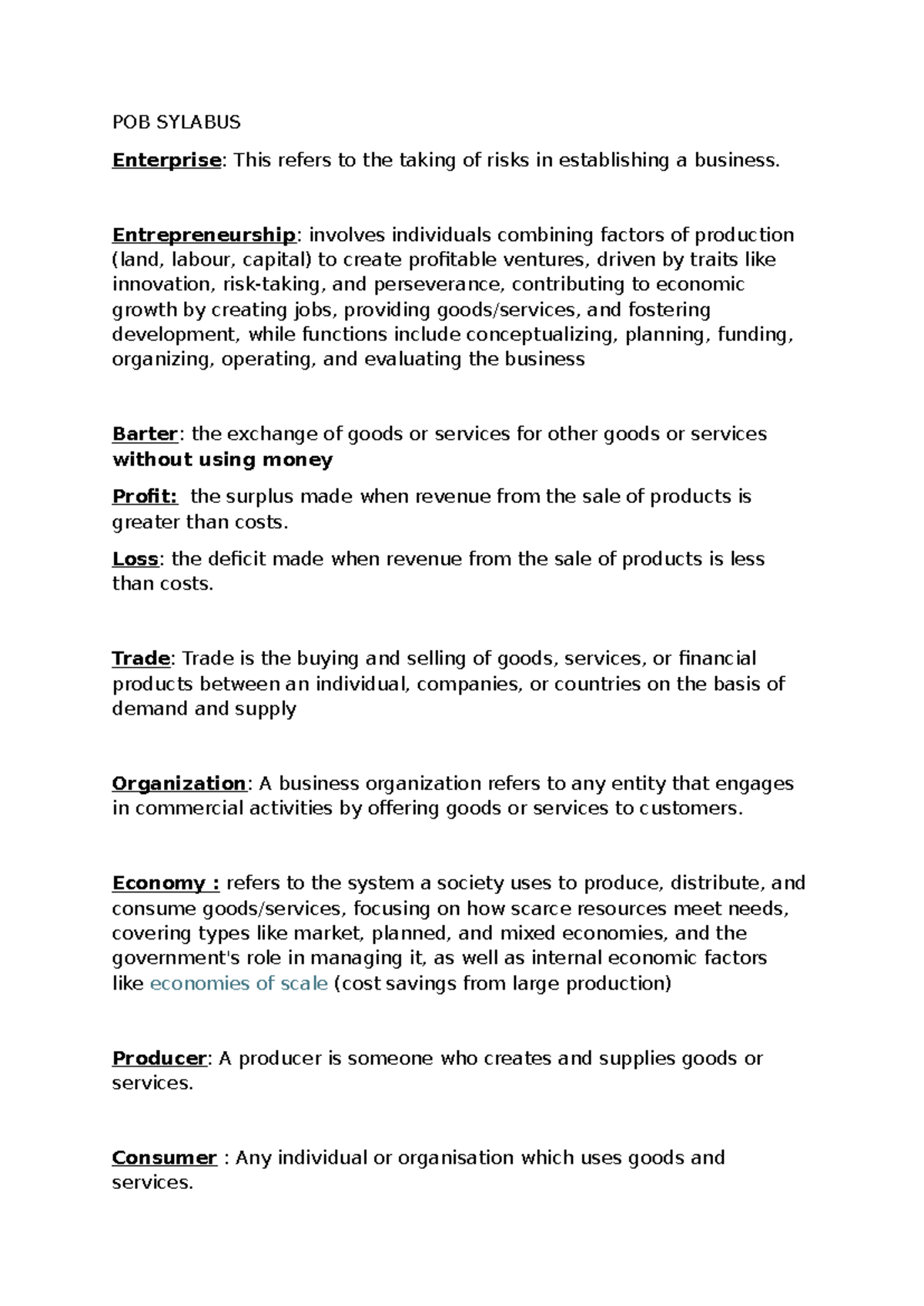 POB Syllabus: Understanding Entrepreneurship and Economic Concepts ...