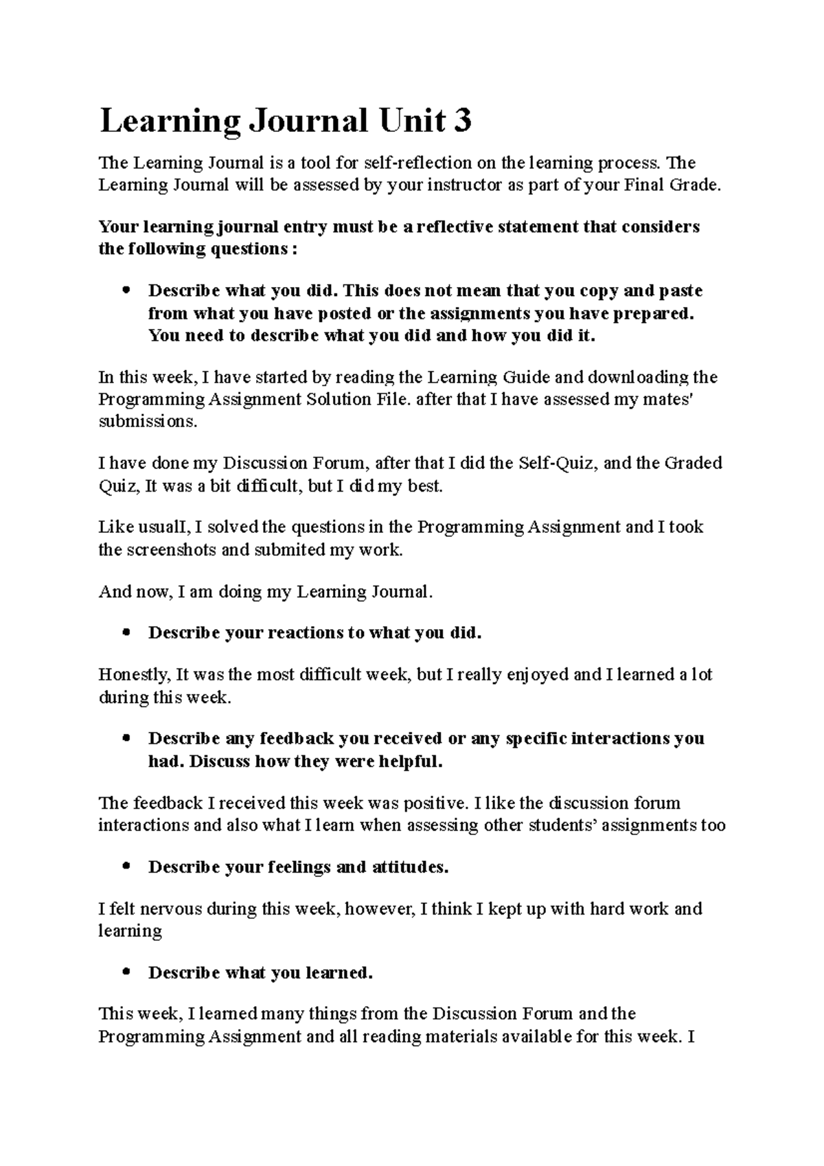 CS 1102 - Reflective Learning Journal for Unit 3 Activities - Studocu