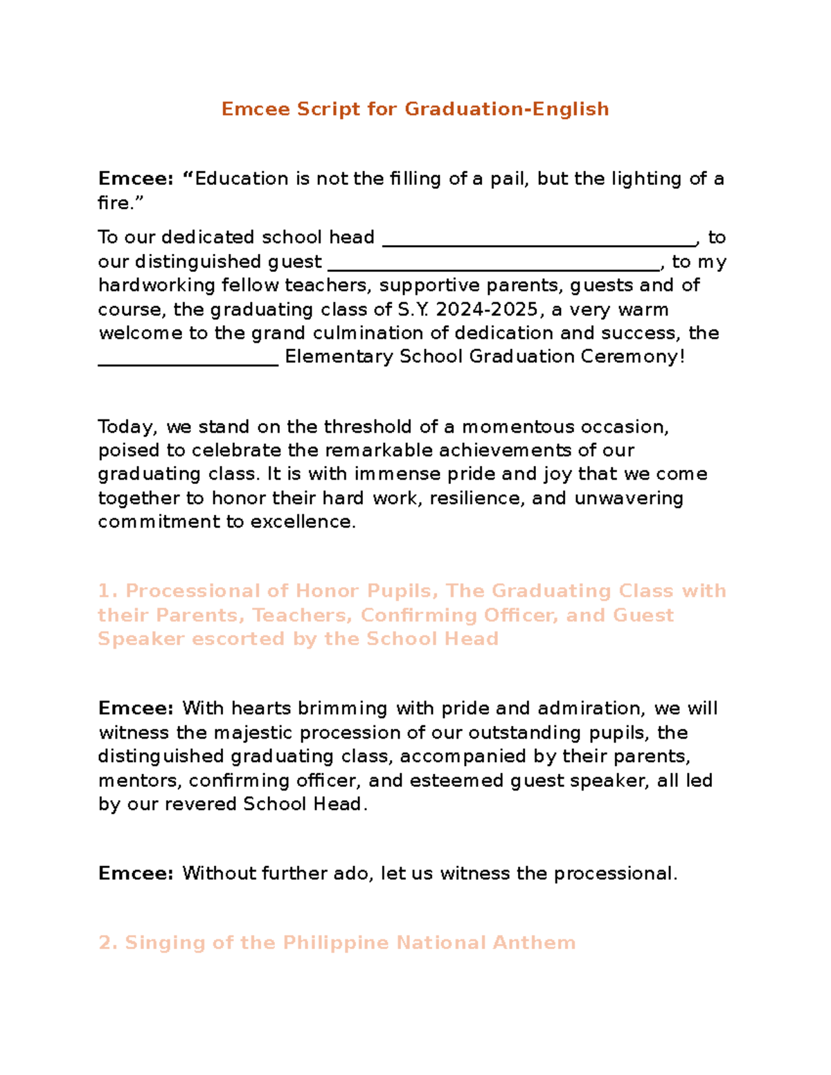 Emcee Script for Graduation Grade 6- English - Emcee Script for ...