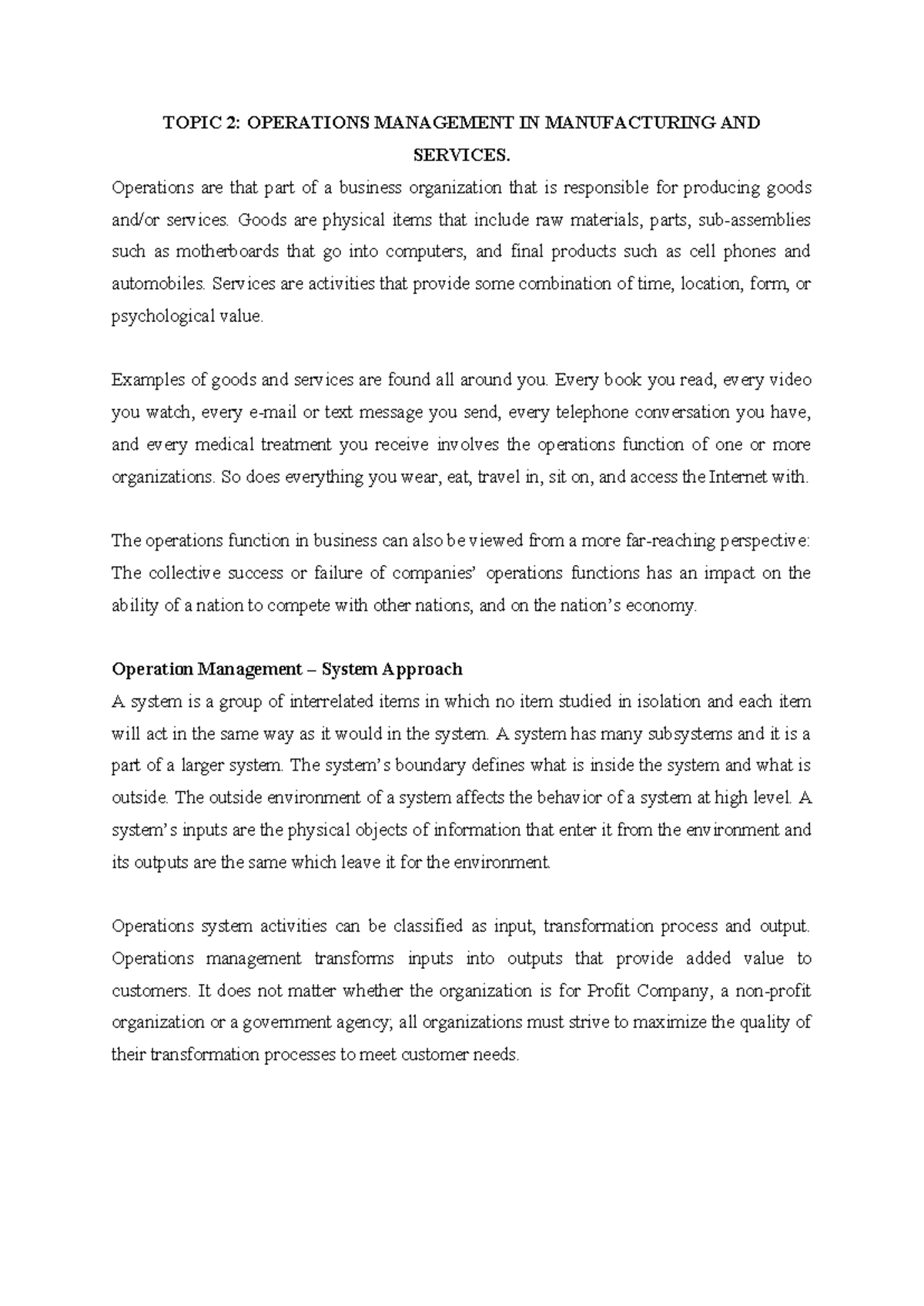Topic 2: Operations Management in Manufacturing & Services Overview ...