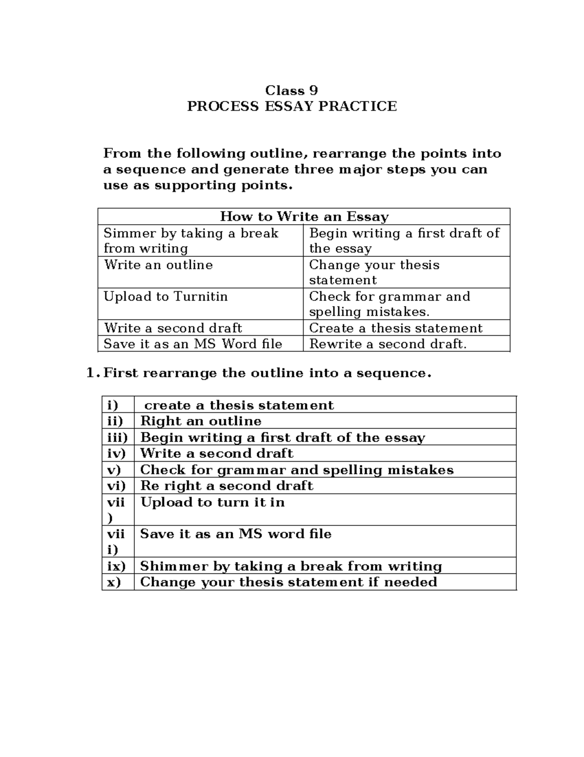 Class 9 - Process Essay Practice 3300915: Structuring Your Essay Steps ...