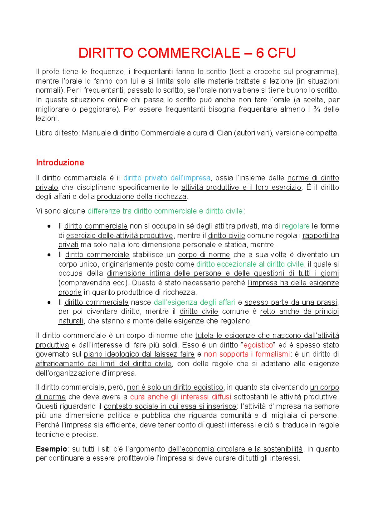 DIRITTO COMMERCIALE 6 CFU: Introduzione e Concetti Fondamentali - Studocu