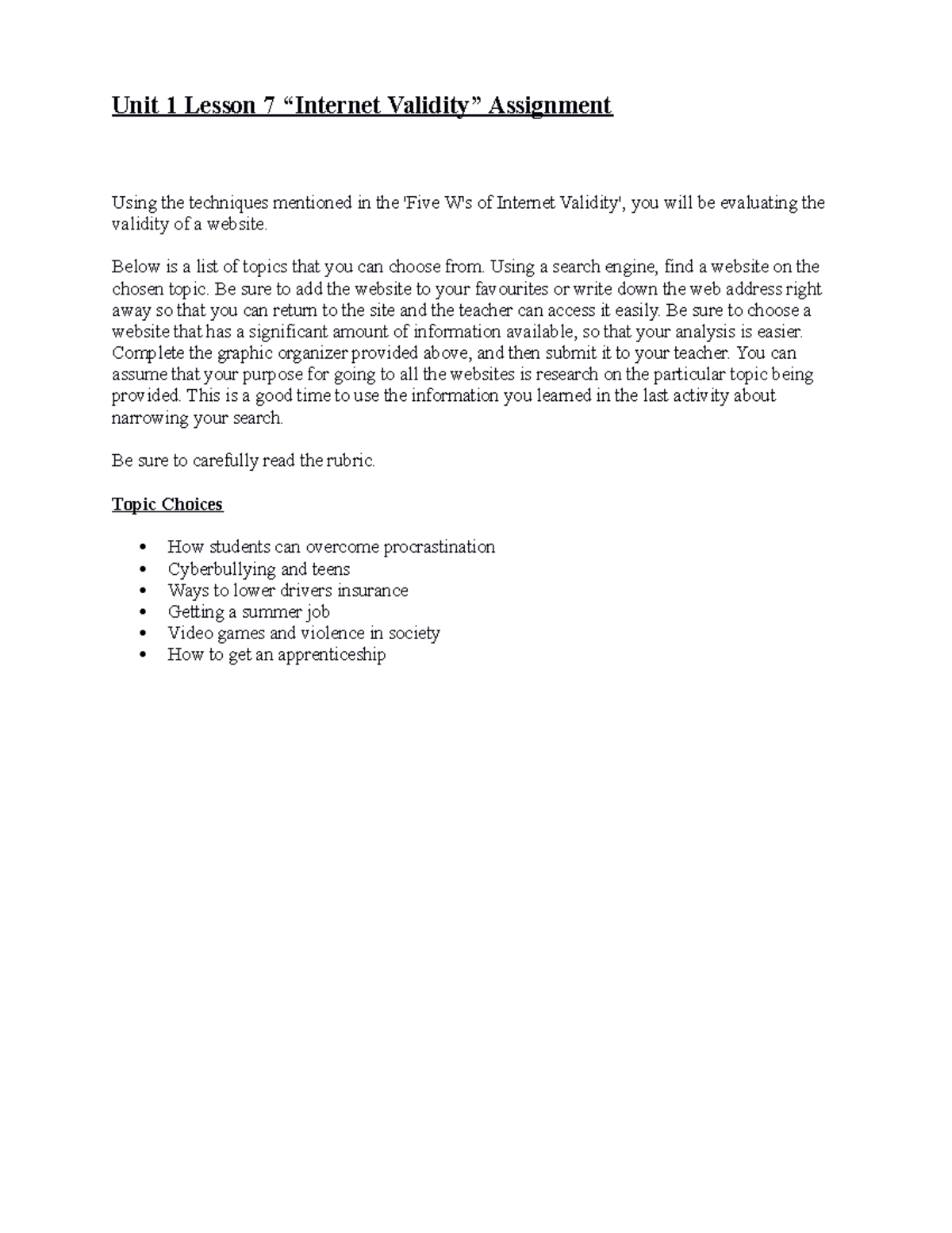 Unit 1 Lesson 7: Internet Validity Evaluation Activity - Studocu