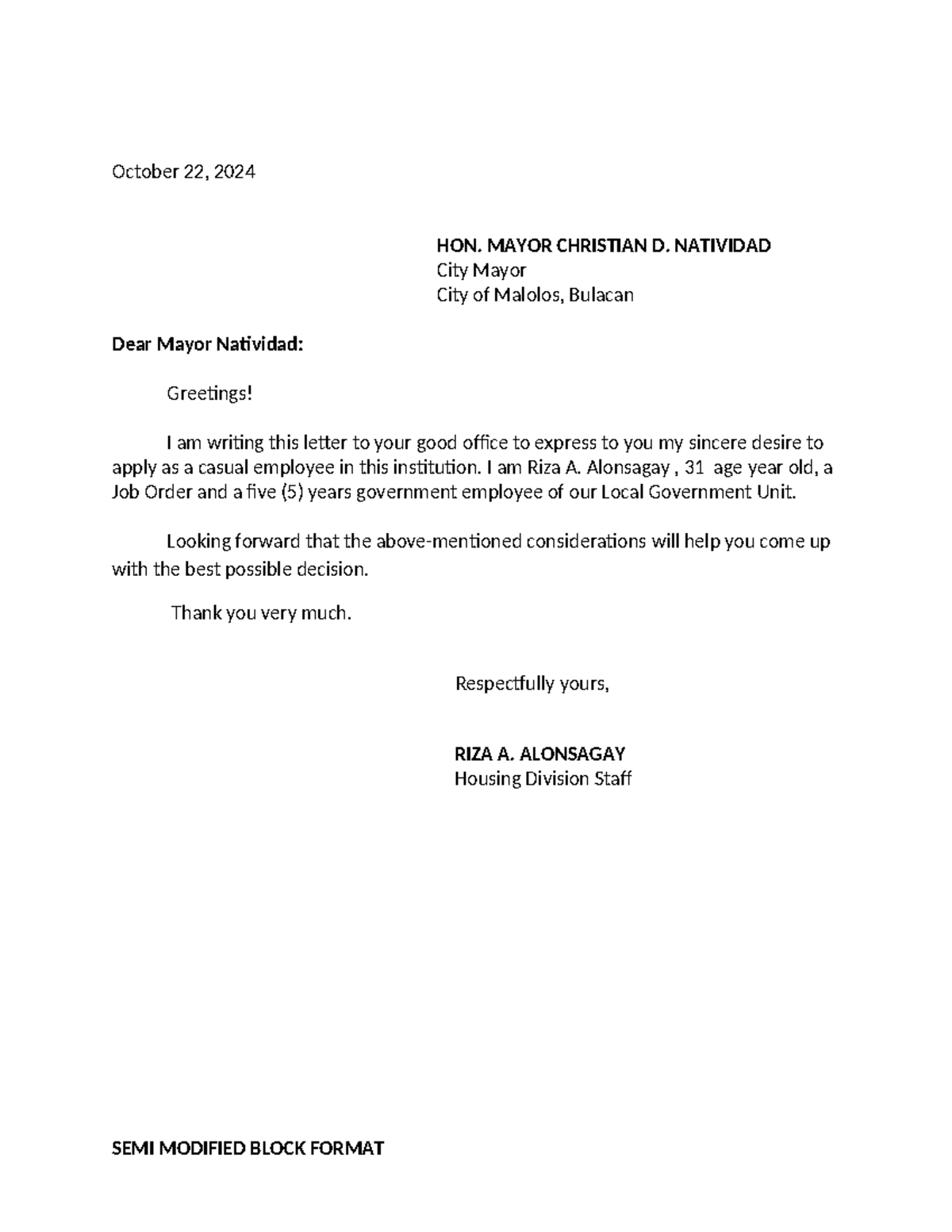 Letter Formats - October 22, 202 4 HON. MAYOR CHRISTIAN D. NATIVIDAD ...