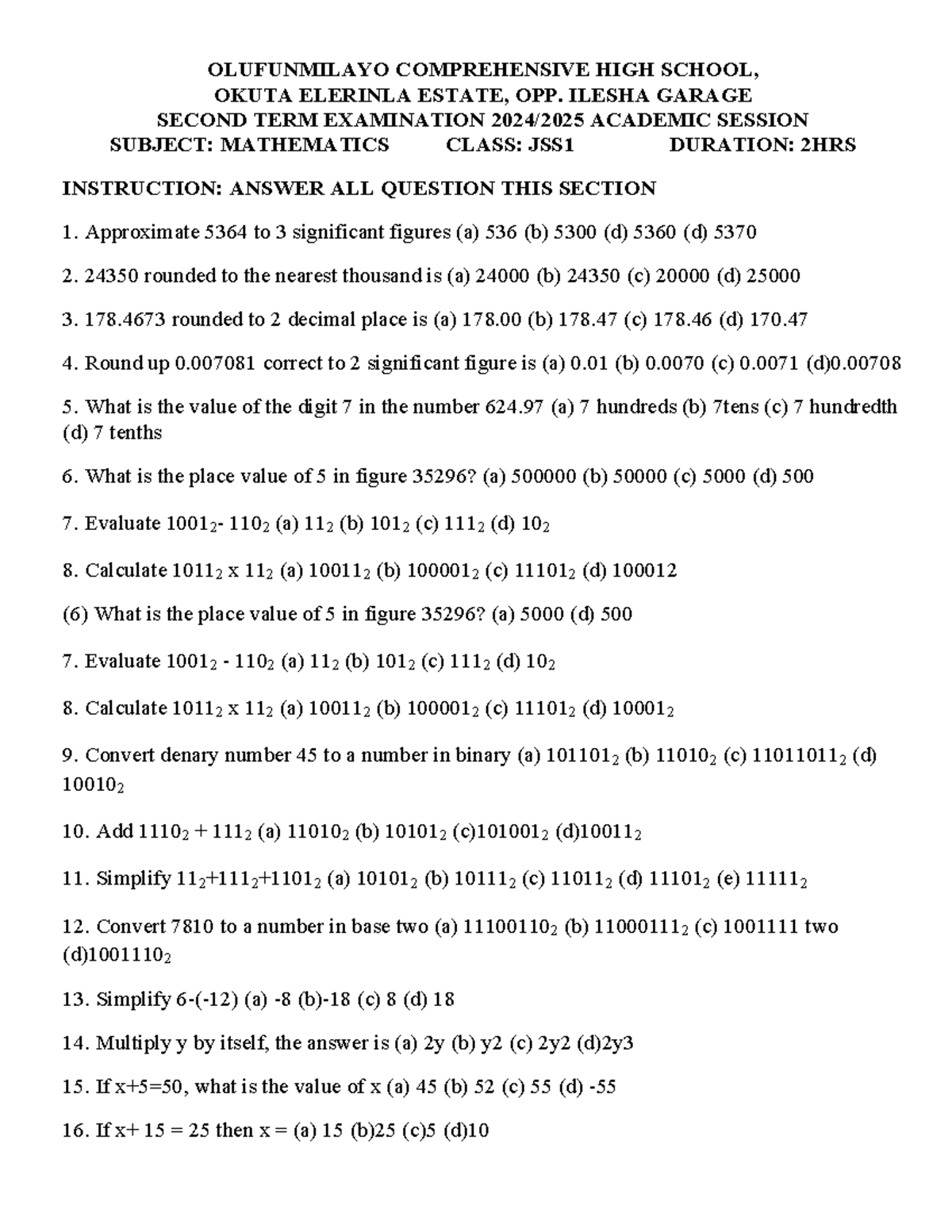 JSS 1 Mathematics Second Term Exam 2024/2025 - Studocu