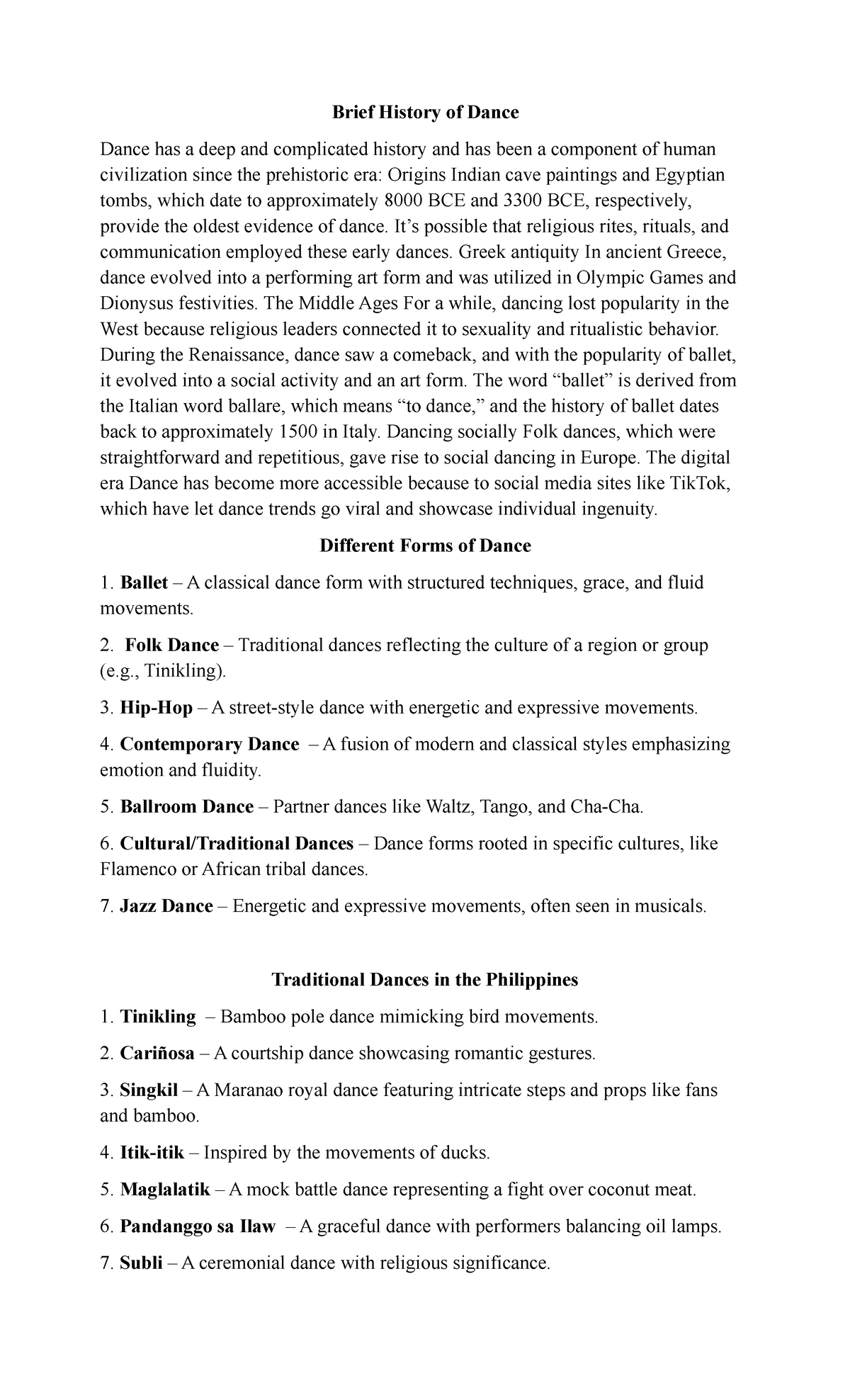 History of Dance - activity - Brief History of Dance Dance has a deep ...