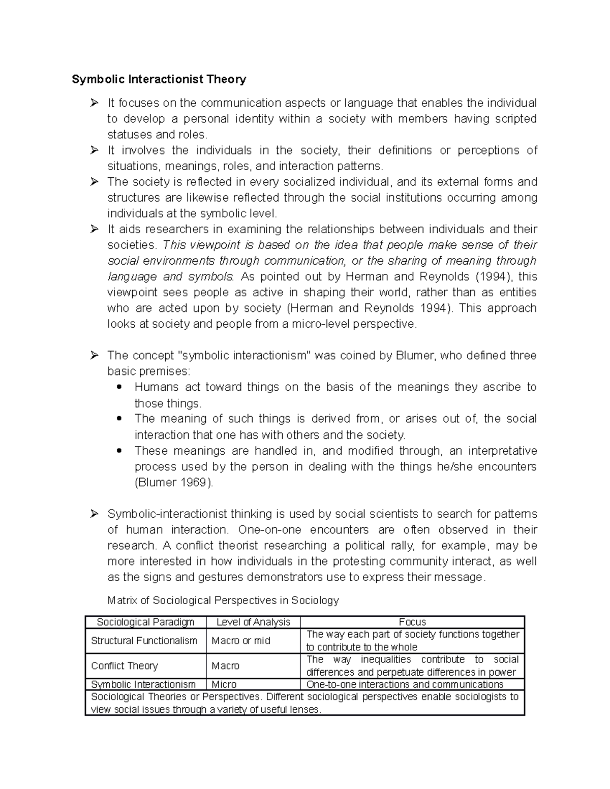 Sociology Symbolic Interactionism Theory