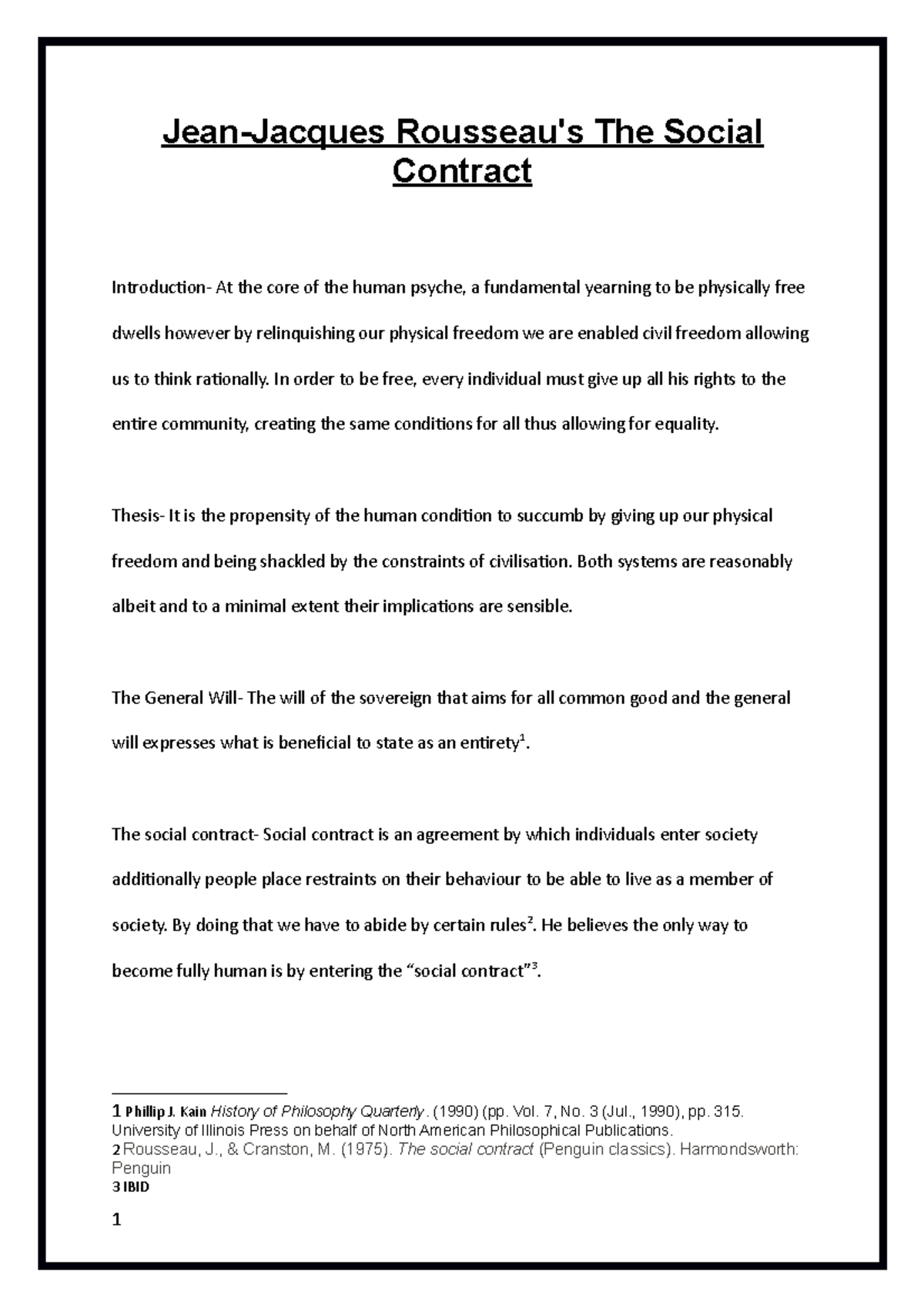 Essay on Rousseasu- Pass - Jean-Jacques Rousseau's The Social Contract ...