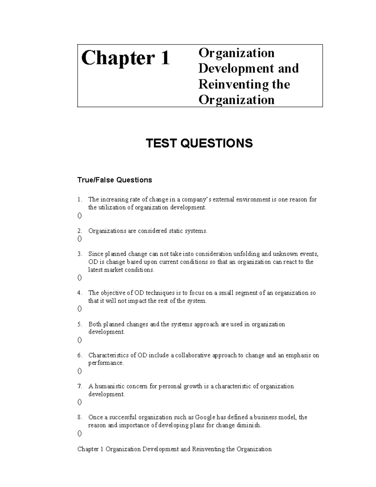 Test Questions for Chapter 1: MGT 200 Organization Development - Studocu