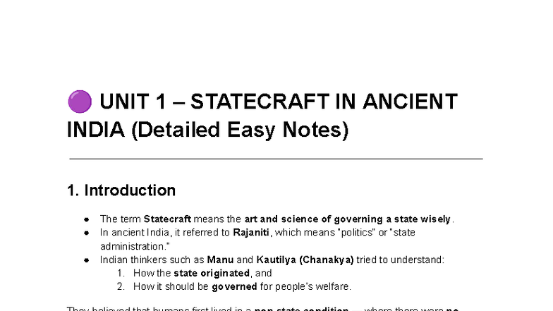 UNIT 1 STATECRAFT IN ANCIENT INDIA (Detailed Easy Notes) - Studocu