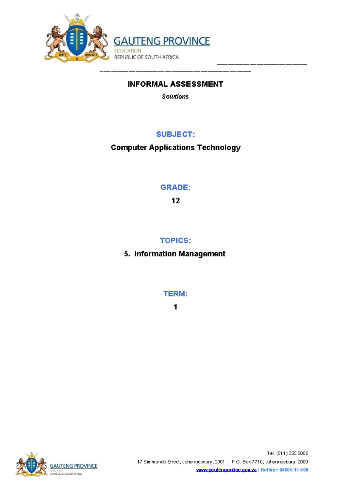 CAT Gr12 T1 Informal Assessment Solutions: Info Management - Studocu