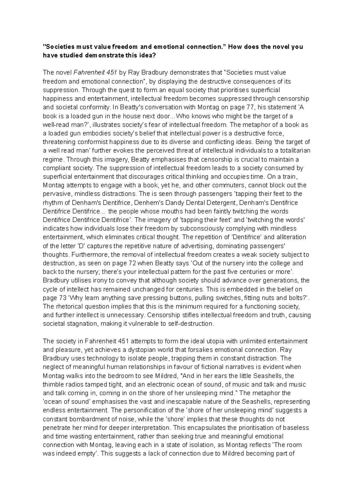 Fahrenheit 451: The Dystopian Value of Freedom and Emotion - Studocu
