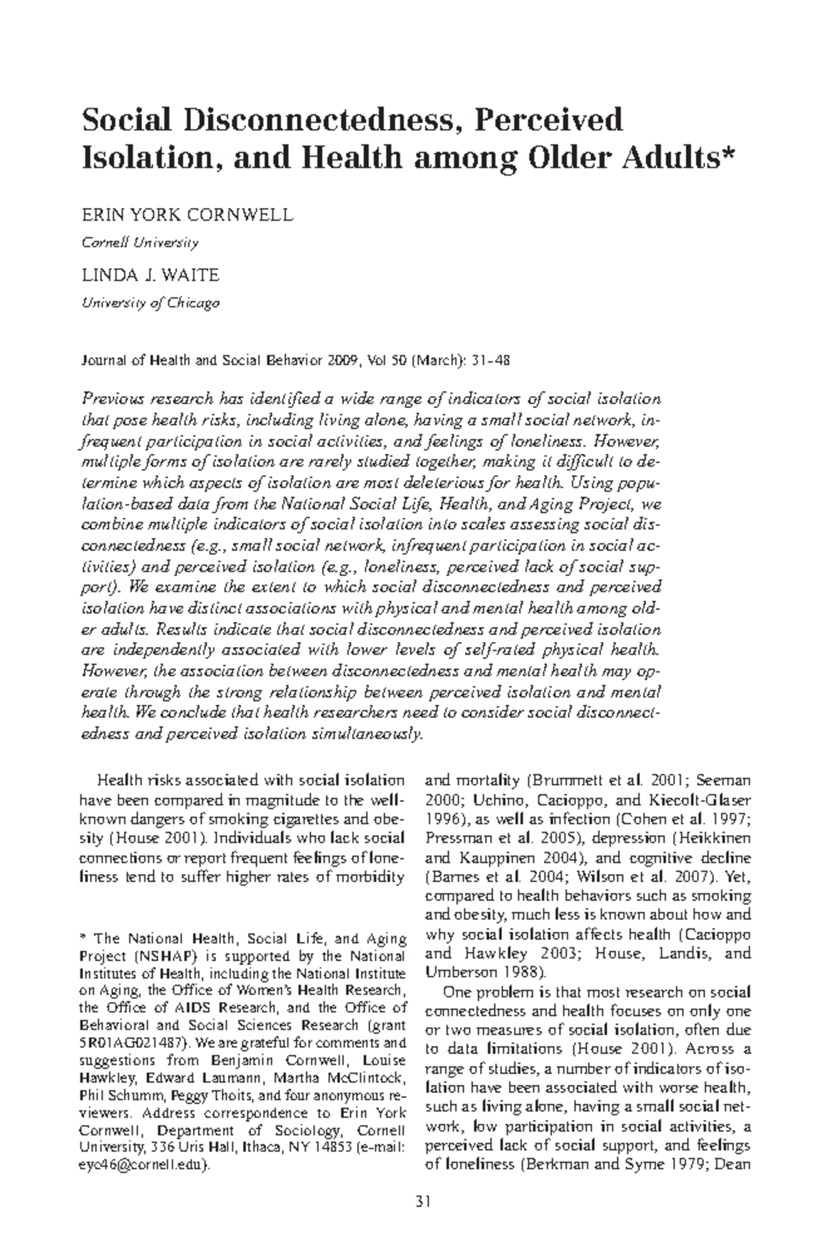 "Social Disconnectedness and Health Among Older Adults - SOC 2009 ...