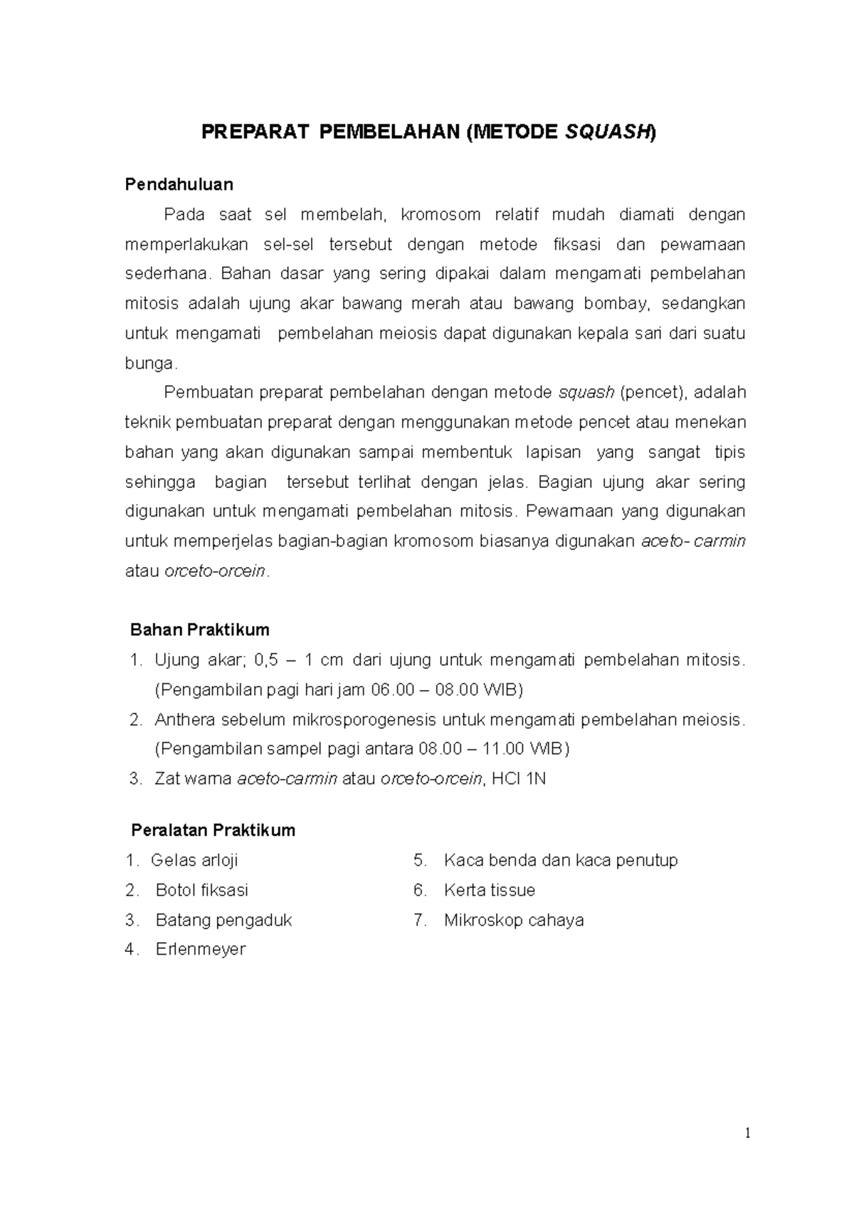 Metode Squash dalam Preparat Pembelahan Sel (Praktikum Biologi) - Studocu