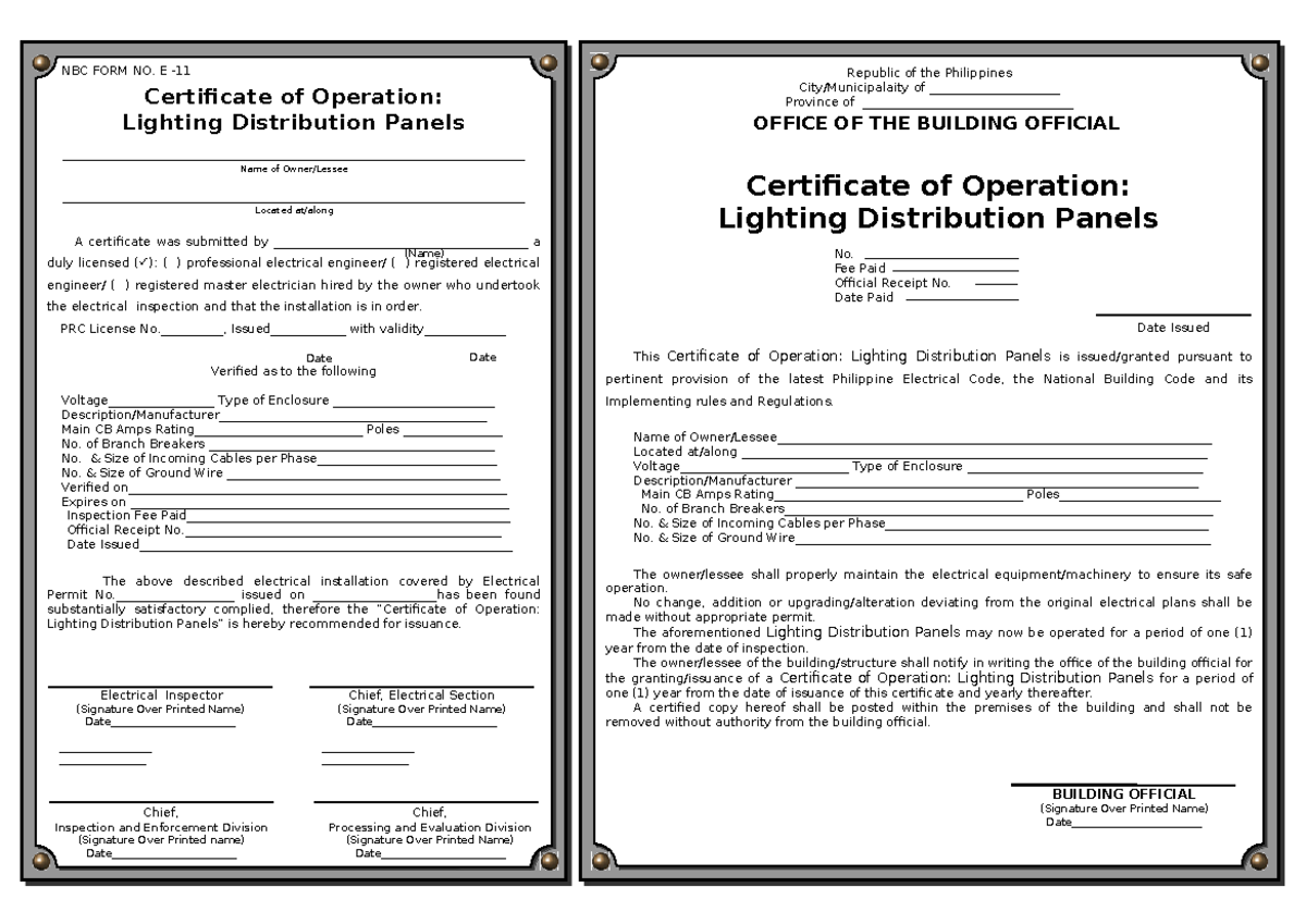 Certificate of Operation: Lighting Distribution Panels (NBC FORM NO. E ...