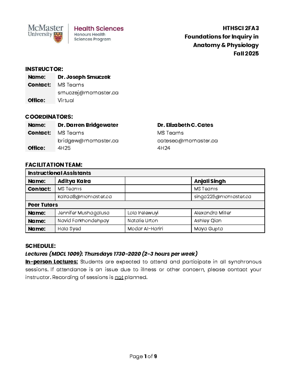 HTHSCI 2FA3 Course Outline: Foundations for Inquiry in Anatomy ...