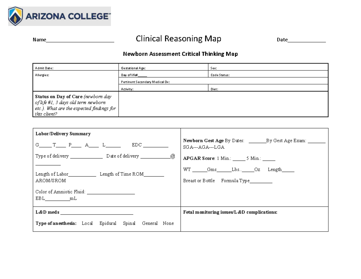 Critical Thinking Map: Newborn Assessment (Clinical Reasoning) - Studocu