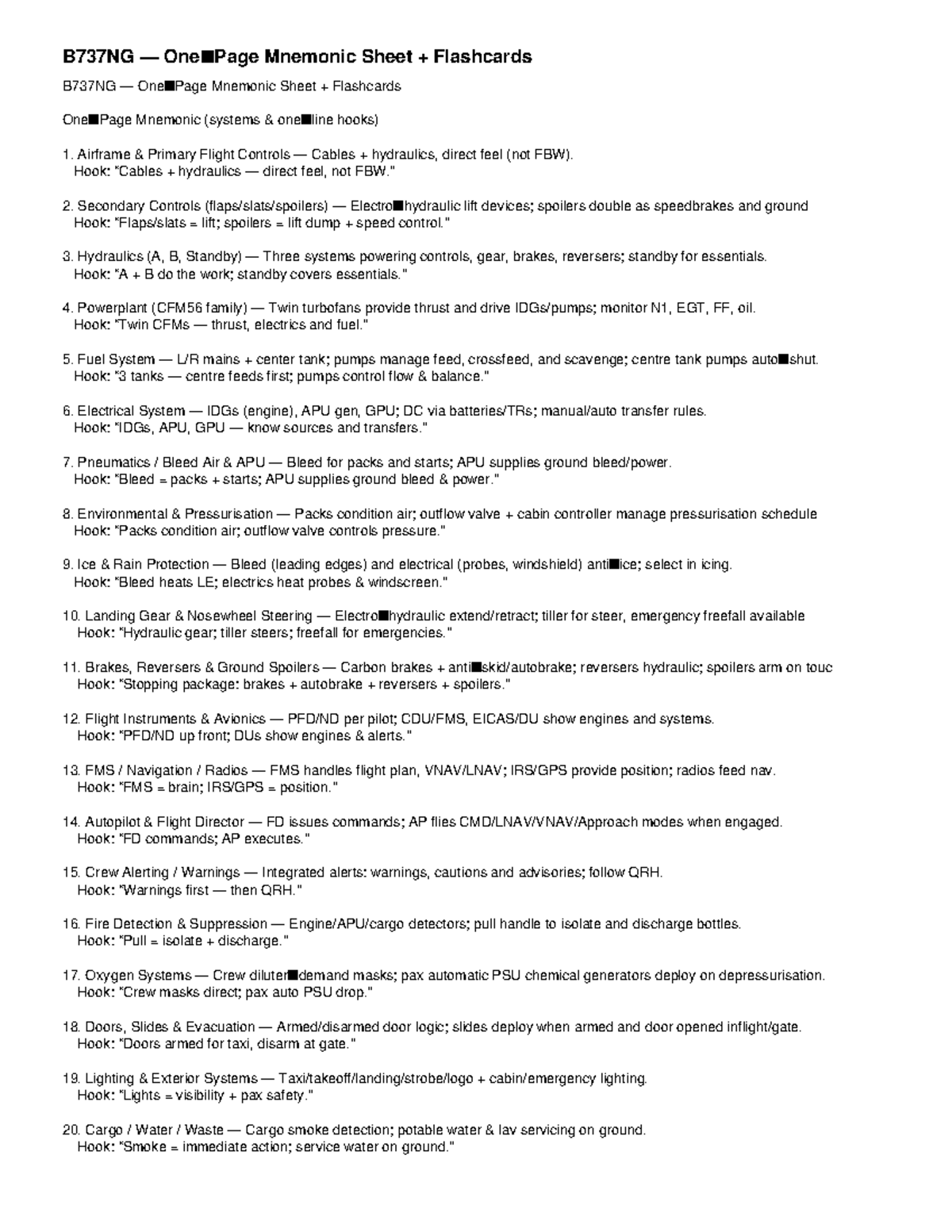 B737NG Systems Cheat Sheet: Mnemonics & Flashcards Guide - Studocu