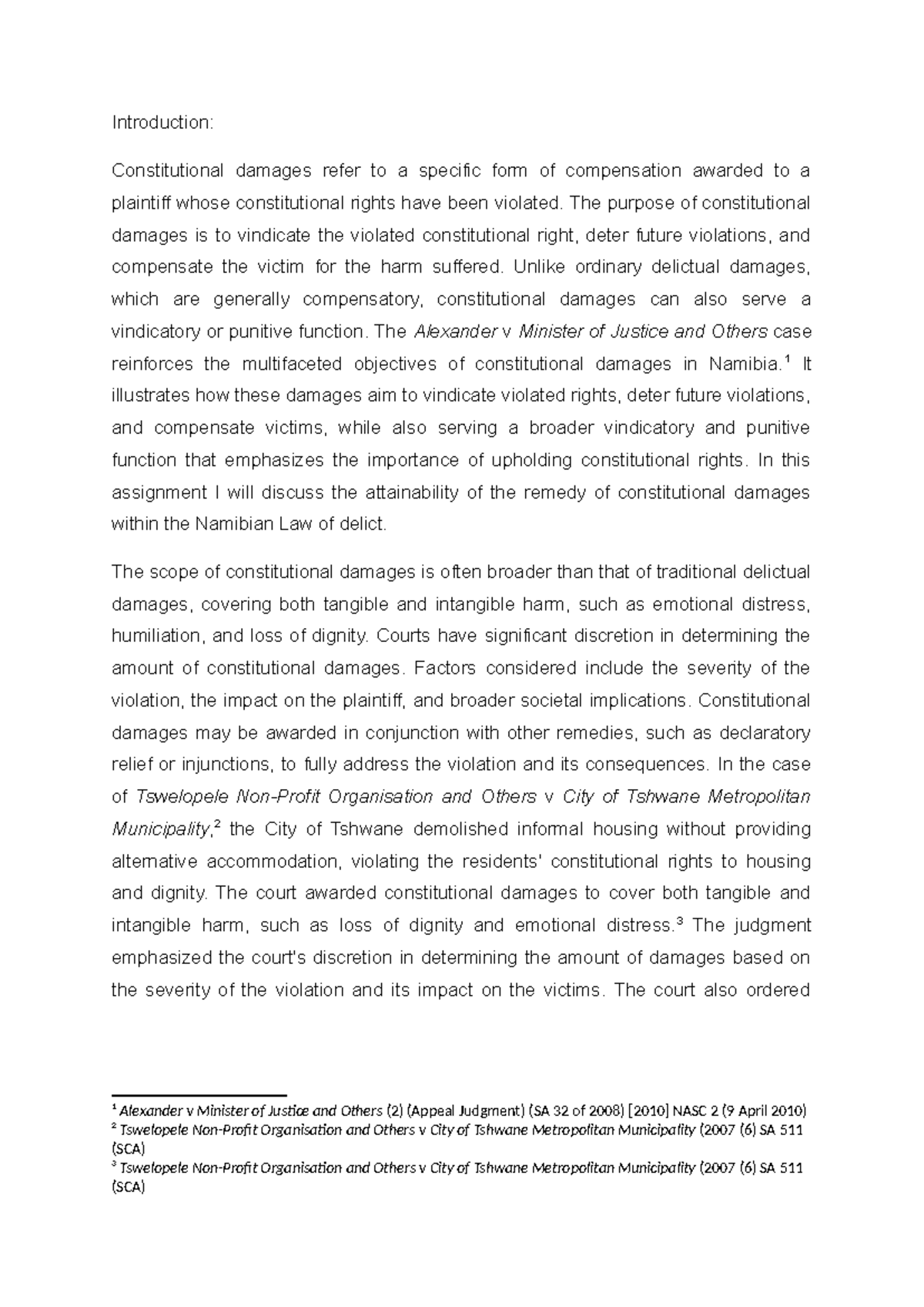 LAW OF Delict Assignment 2 - Introduction: Constitutional damages refer ...