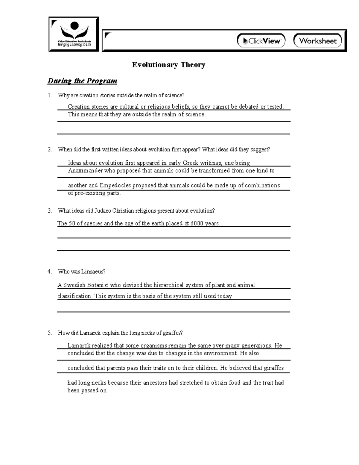 Evolutionary Theory Worksheet (Course Code: EVOL101) - Studocu
